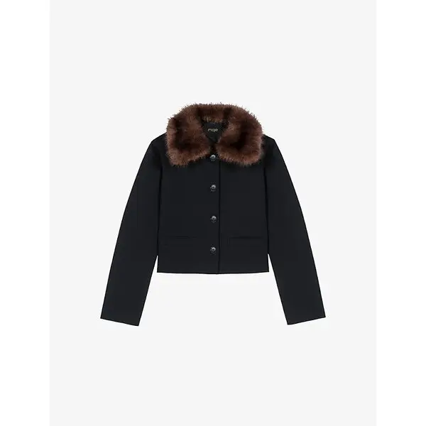 Maje Short Removable-collar Stretch Wool-blend Jacket
