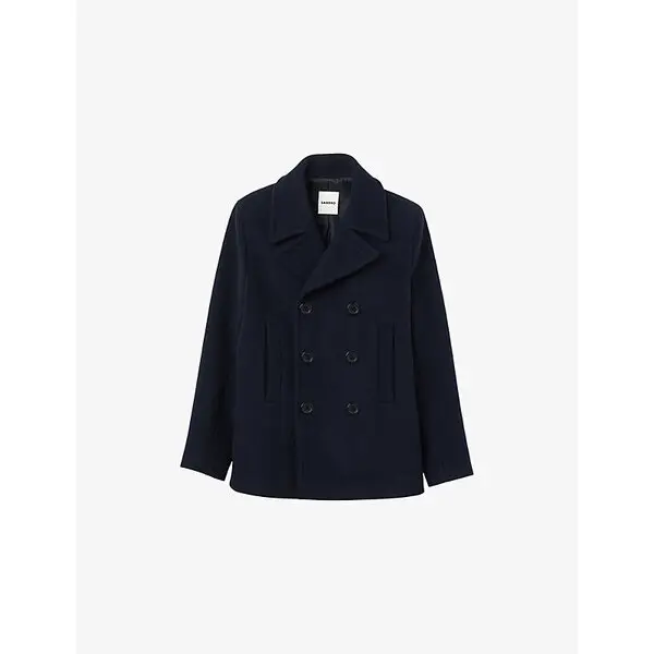 Sandro Double-breasted Peak-lapel Wool-blend Coat - Bleus