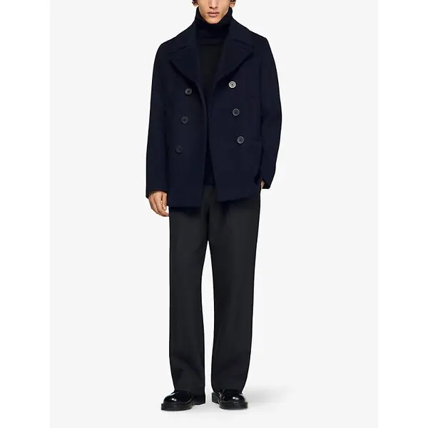 Sandro Double-breasted Peak-lapel Wool-blend Coat - Bleus