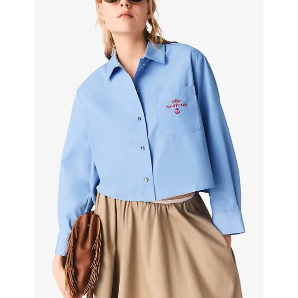 Maje Logo-embroidered Cropped Woven Shirt