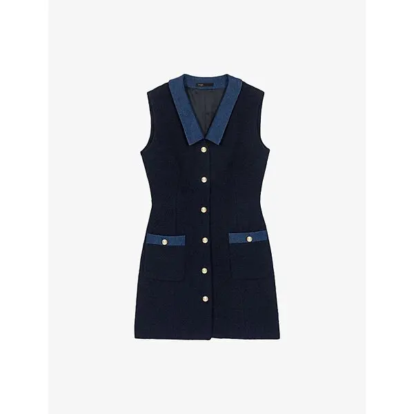 Maje Denim-trim Sleeveless Tweed Mini Dress - Navy