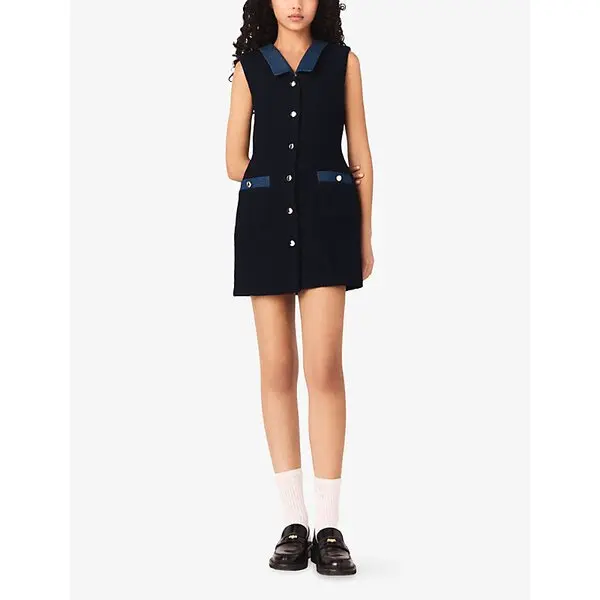 Maje Denim-trim Sleeveless Tweed Mini Dress - Navy