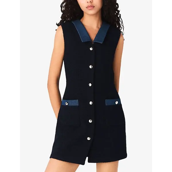 Maje Denim-trim Sleeveless Tweed Mini Dress - Navy