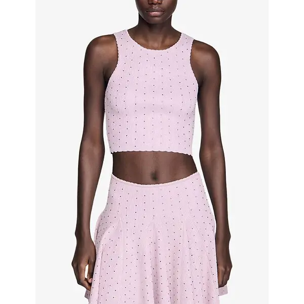 Sandro Cropped Knitted Top With Rhinestone Embellishment - Mauve