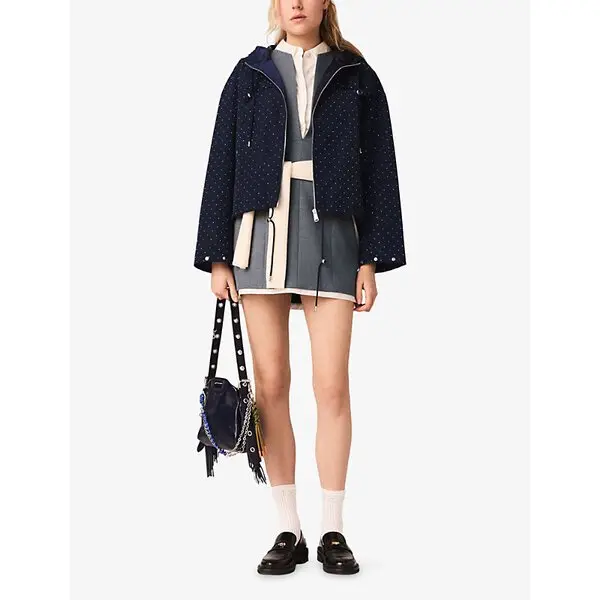 Maje Rhinestone Embellished Hooded Windbreaker Jacket - Navy