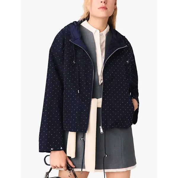 Maje Rhinestone Embellished Hooded Windbreaker Jacket - Navy