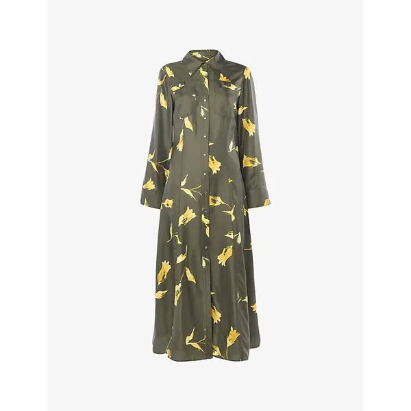 Whistles Floral Print Silk Midi Dress - Green/multi