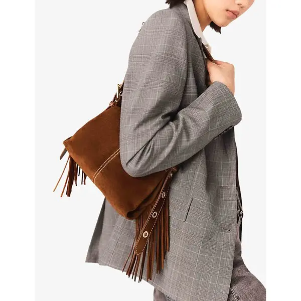 Maje Miss M Mini Suede Shoulder Bag With Fringe Detail - Brown