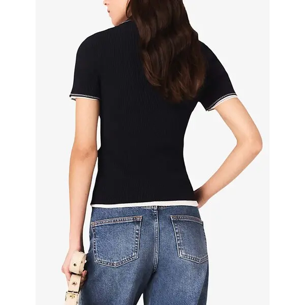 Maje Ribbed Stretch-knit Polo Shirt With Embellished Collar - Navy