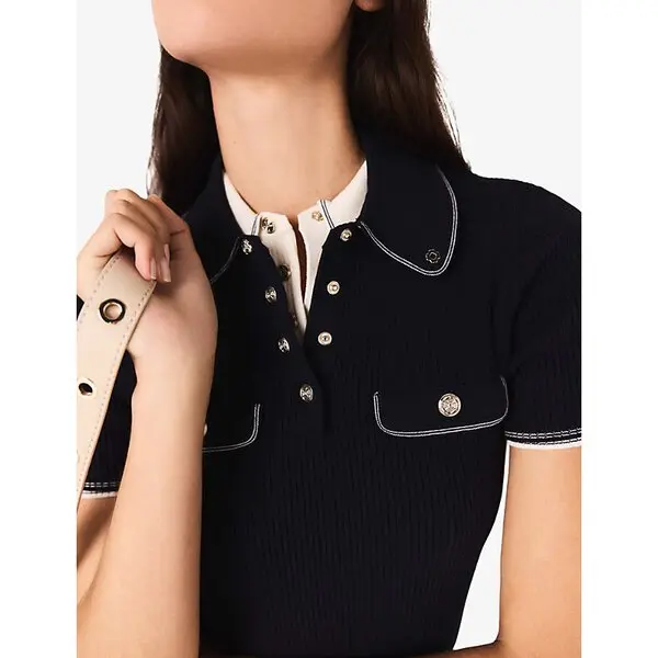 Maje Ribbed Stretch-knit Polo Shirt With Embellished Collar - Navy