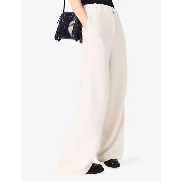 Maje Belted Wide-leg Tweed Trousers - Ecru