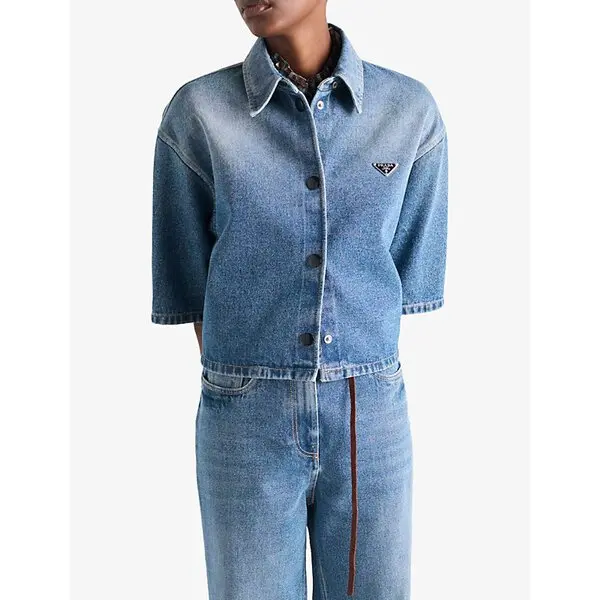 Prada Cropped Denim Shirt With Enamelled Triangle Logo