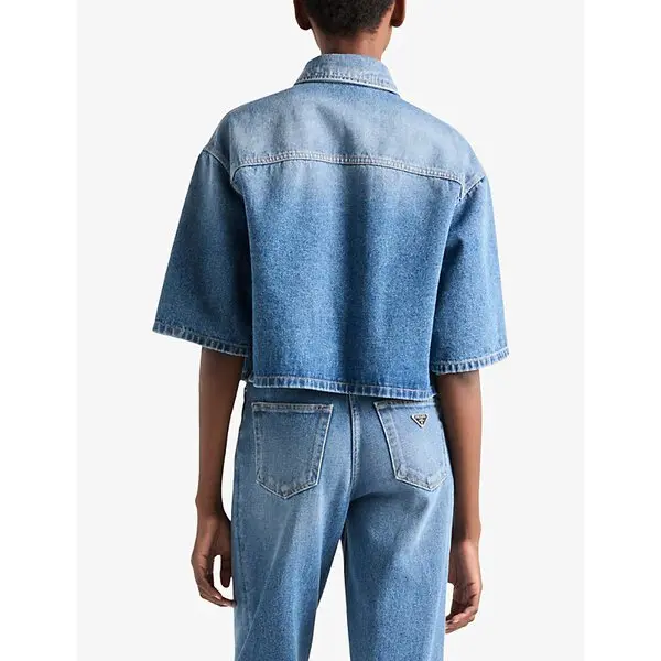 Prada Cropped Denim Shirt With Enamelled Triangle Logo