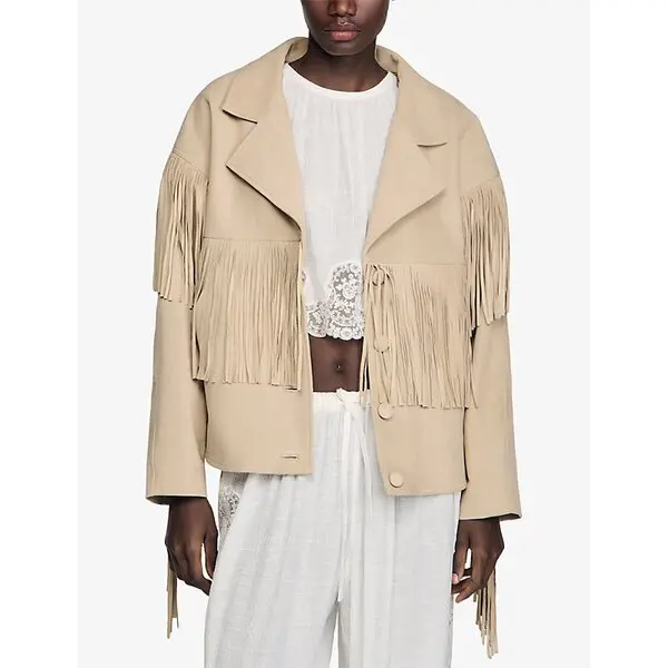 Sandro Oversized Fringed Suede Jacket - Beige
