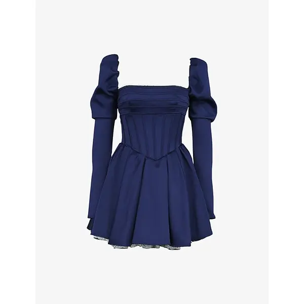 House Of Cb Satin Mini Dress With Puff Sleeves - Midnight