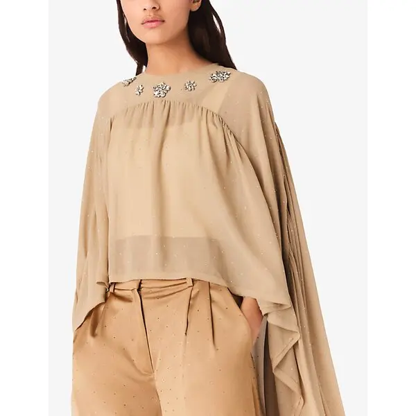 Maje Sandro Crystal-embellished Cape Hem Woven Top