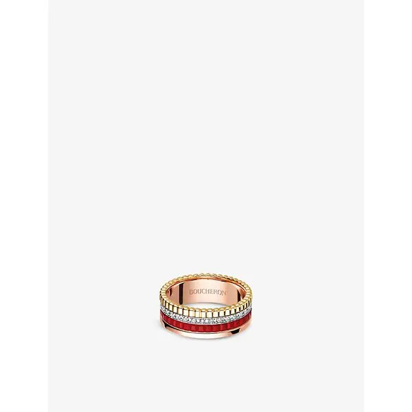 Boucheron Quatre Ring In 18ct Gold, Ceramic And Diamonds - Red