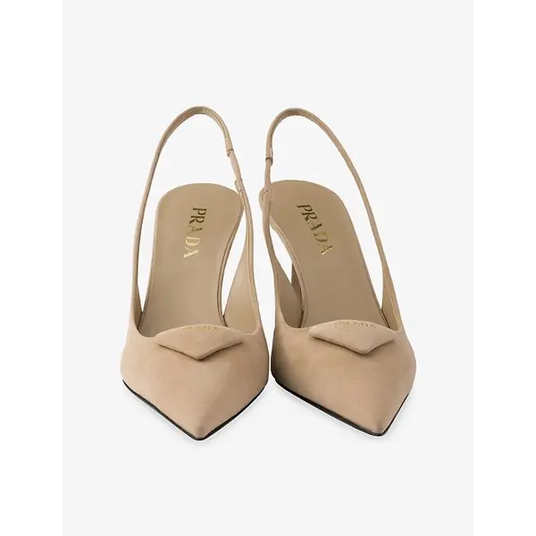 Prada Triangle-logo Suede Slingback Pumps - Neutral