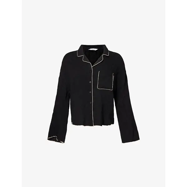 Lounge Crinkle-effect Ruffle-hem Woven Pyjama Top - Black