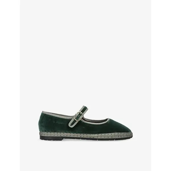 FLABELUS Velvet Mary Jane Flats With Buckle Fastening - Teal