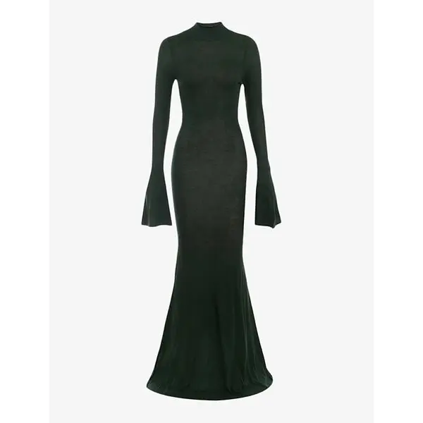 House Of Cb Sancha Fluted-sleeve Knitted Maxi Dress - Forest Green