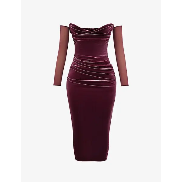 House Of Cb Leora Strapless Stretch-velvet Midi Dress - Mulberry
