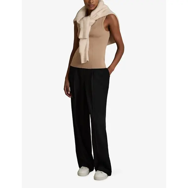 REISS Eden Elasticated-waist Wide-leg Twill Trousers - Black