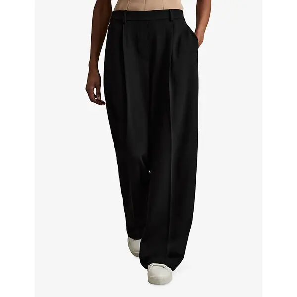 REISS Eden Elasticated-waist Wide-leg Twill Trousers - Black