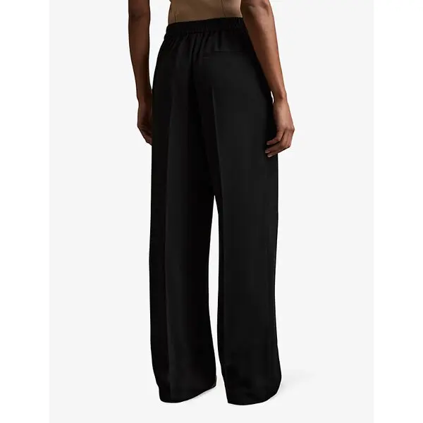 REISS Eden Elasticated-waist Wide-leg Twill Trousers - Black
