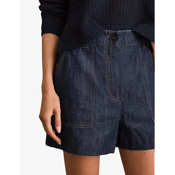 REISS Ashby Linen Blend Contrast Stitch Mid-rise Shorts