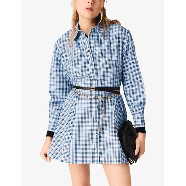 Maje Checked Rhinestone Embellished Cotton Mini Dress