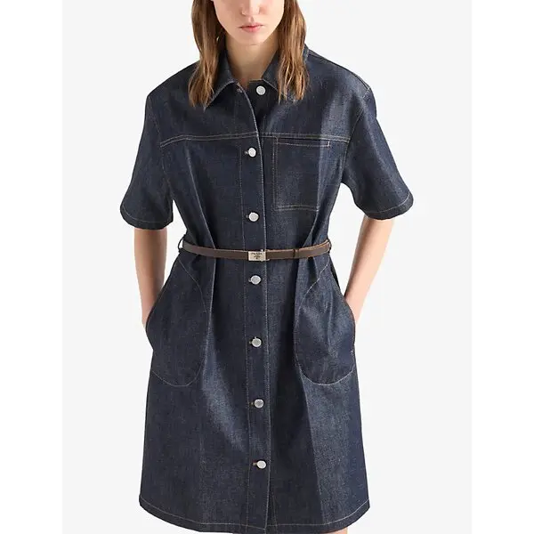 Prada Short-sleeve Belted Denim Mini Dress