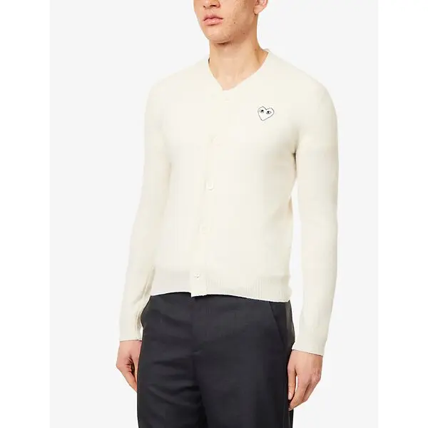 Play Comme Des Garcon Heart Logo V-neck Wool Cardigan - Natural