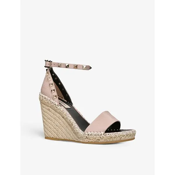 Valentino Garavani Rockstud 105 Leather Espadrille Wedges - Blush