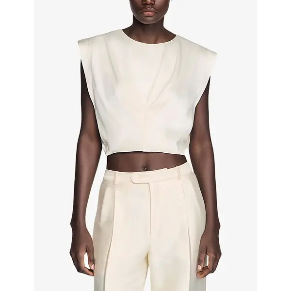 Sandro Pleated Stretch-satin Crop Top - Ecru