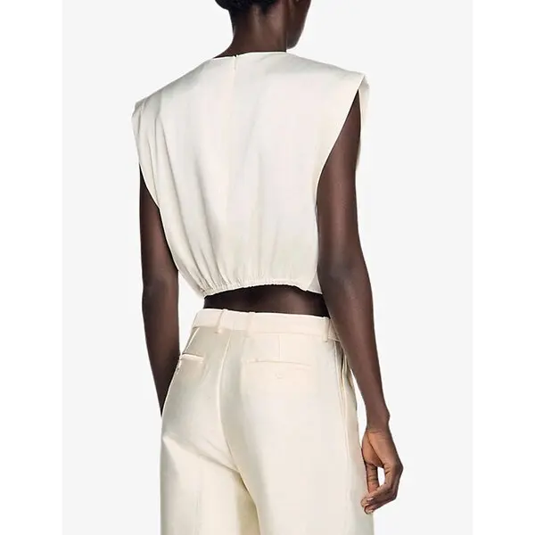 Sandro Pleated Stretch-satin Crop Top - Ecru