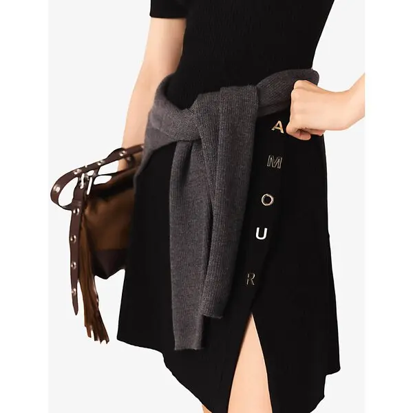 Maje Ribbed High Neck Mini Dress With 'amour' Button Detail