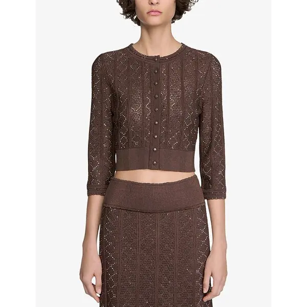 Sandro Cropped Strass-knit Cardigan - Brown