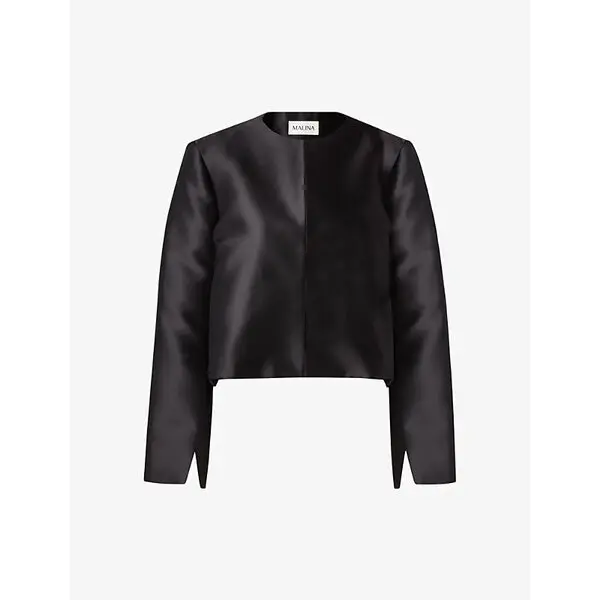 MALINA Ruthie Round-neck Long-sleeve Cropped Satin Blouse - Black