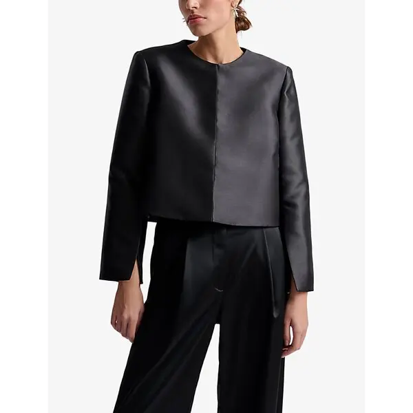MALINA Ruthie Round-neck Long-sleeve Cropped Satin Blouse