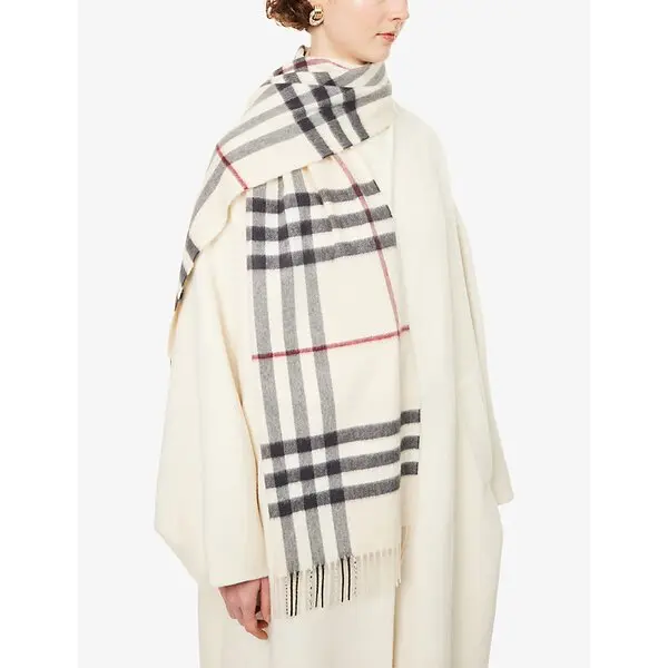 Burberry Check-print Fringed Cashmere Scarf - Stone