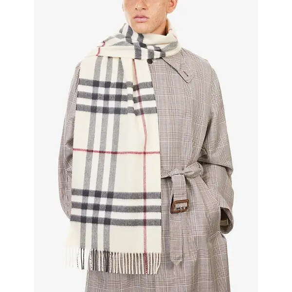 Burberry Check-print Fringed Cashmere Scarf - Stone