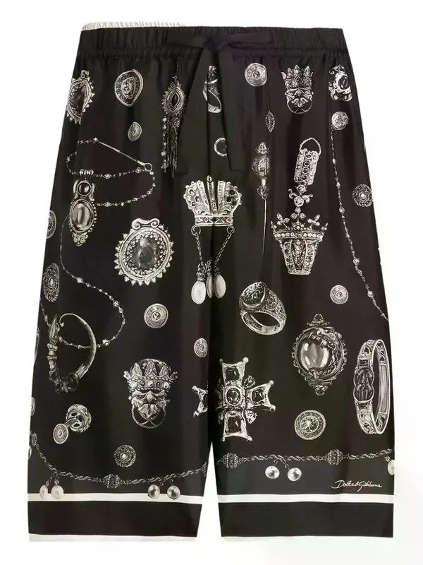 Dolce & Gabbana Silk Jewellery Print Drawstring Shorts - Black