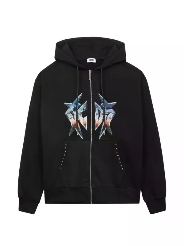 Gcds Graphic-print Zip-up Cotton Hoodie - Black