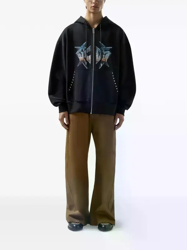 Gcds Graphic-print Zip-up Cotton Hoodie - Black