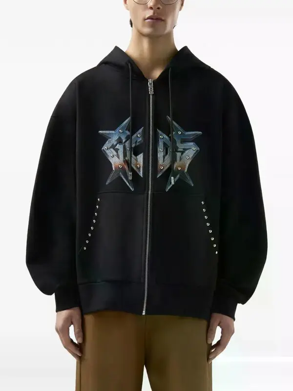 Gcds Graphic-print Zip-up Cotton Hoodie - Black