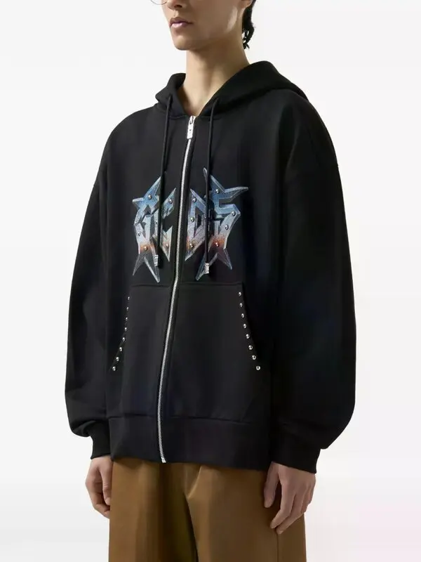 Gcds Graphic-print Zip-up Cotton Hoodie - Black