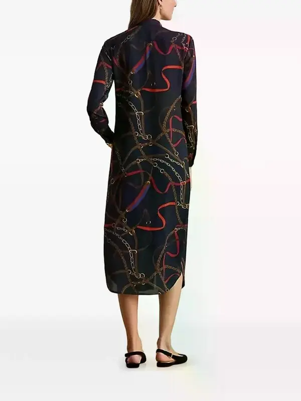 Ralph Lauren Chain Print Tie Neck Midi Dress - Blue