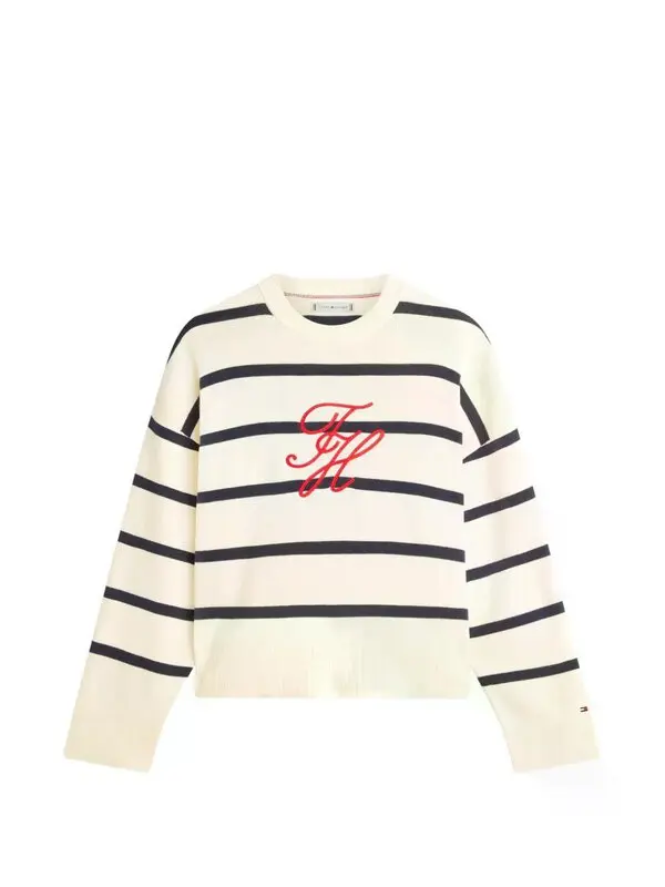 Tommy Hilfiger Striped Pattern Sweater With Embroidered Detail - Neutrals