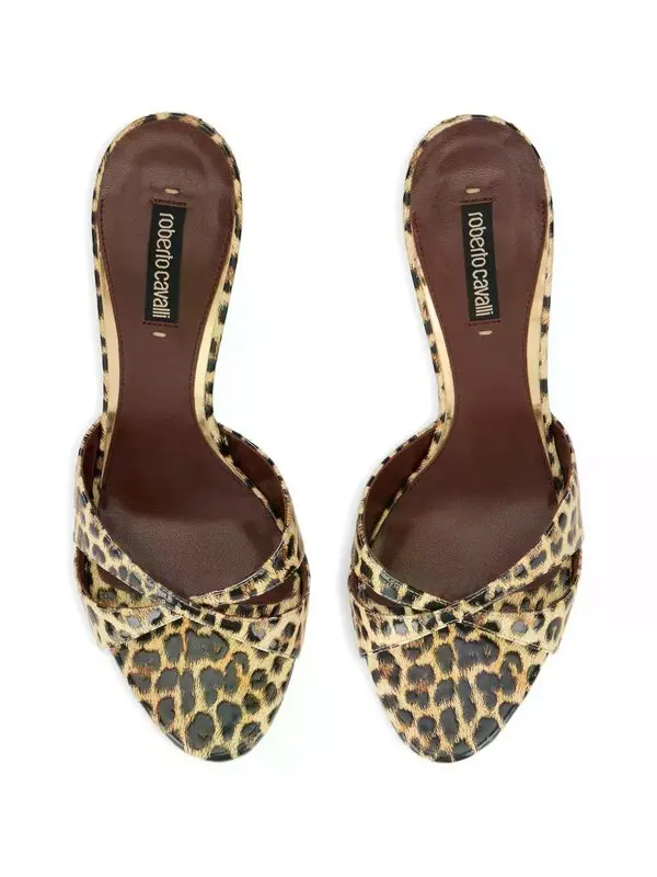 Roberto Cavalli Leopard Print Crossover Strap Heeled Sandals - Neutrals